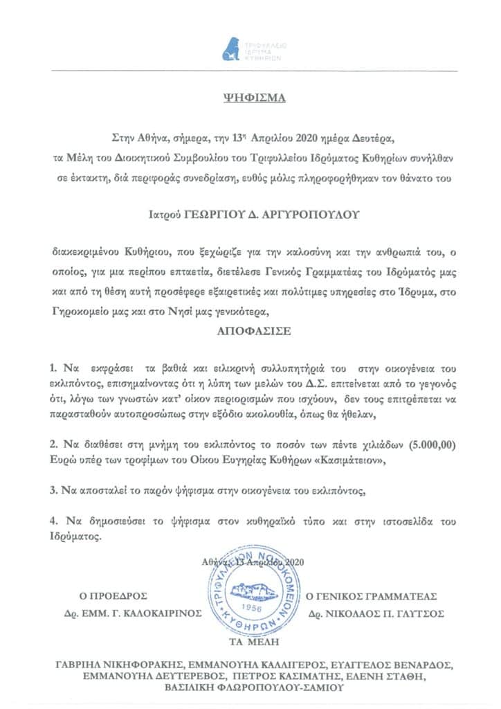 ΨΗΦΙΣΜΑ ΓΙΑ ΓΕΩΡΓΙΟ ΑΡΓΥΡΟΠΟΥΛΟ – ΤΡΙΦΥΛΛΕΙΟ ΙΔΡΥΜΑ ΚΥΘΗΡΩΝ – Κυθηραϊκά